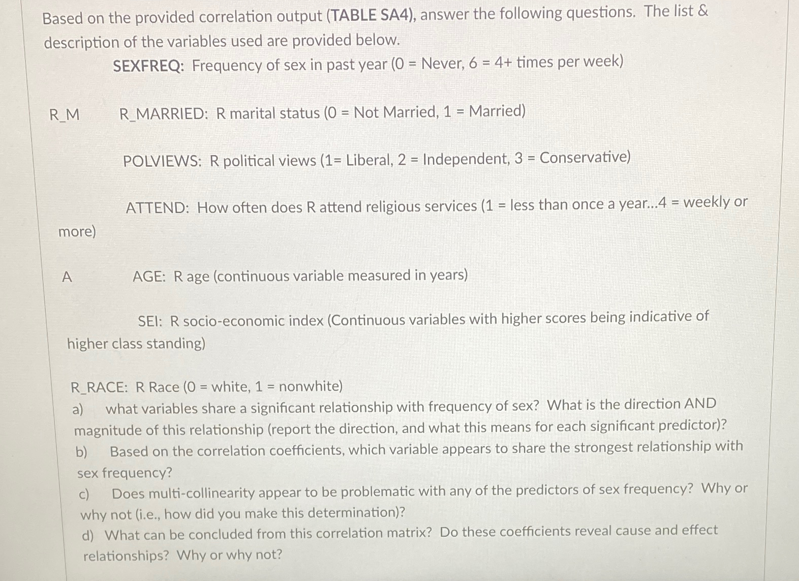 Solved Based on the provided correlation output (TABLE SA4), | Chegg.com