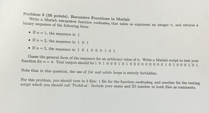 Problem 3 35 Points Recursive Functions In Matlab