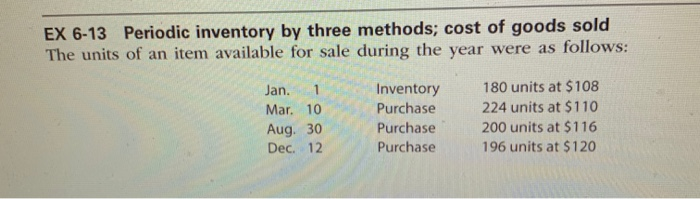 Solved EX 6-13 Periodic inventory by three methods; cost of | Chegg.com