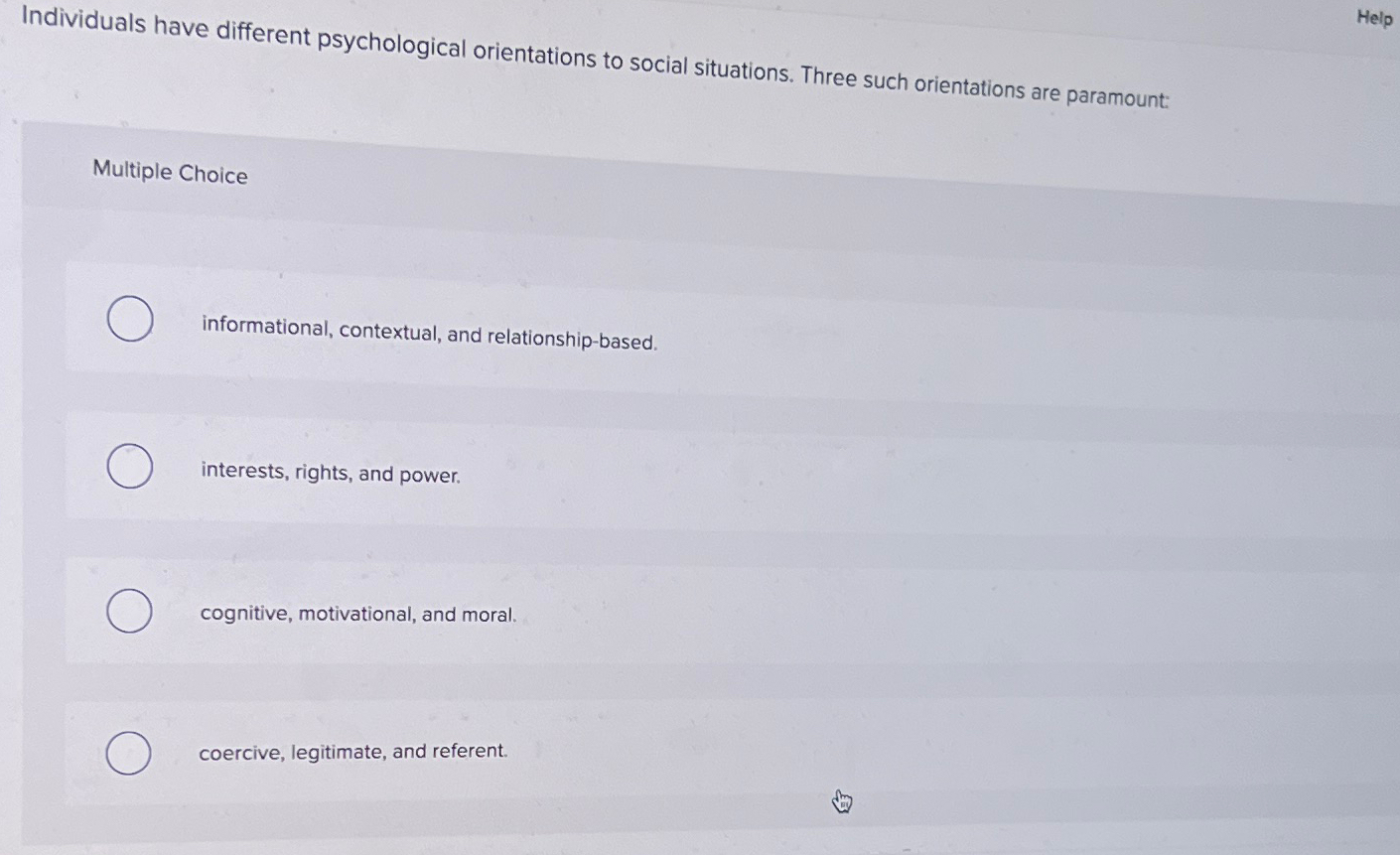 Solved Individuals have different psychological orientations | Chegg.com