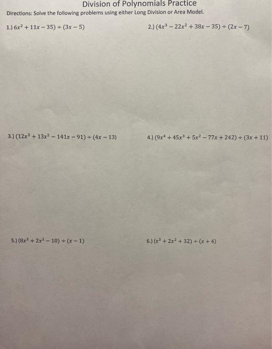 Solved Division Of Polynomials Practice Direction: solve the | Chegg.com