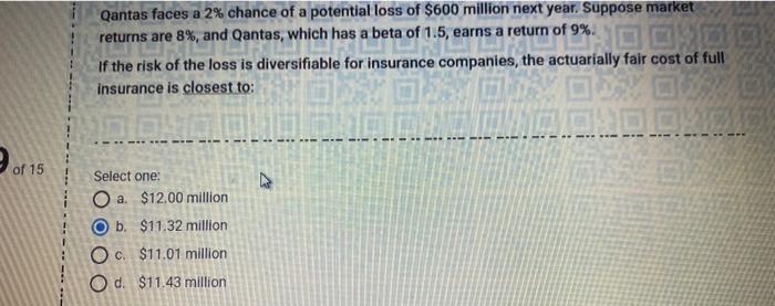 Solved Qantas faces a 2% chance of a potential loss of $600 | Chegg.com