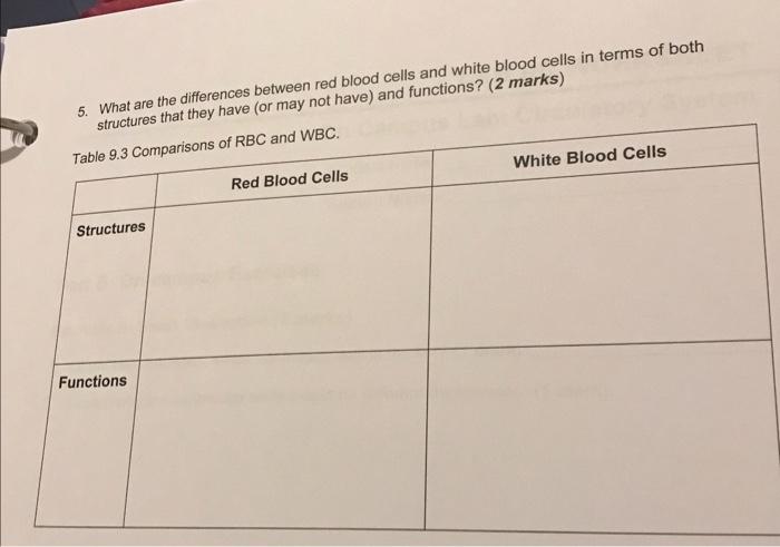 Solved 5. What are the differences between red blood cells | Chegg.com