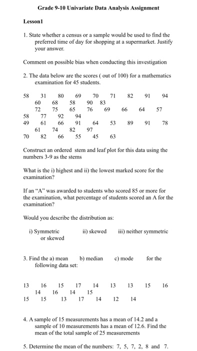 Solved Grade 9-10 Univariate Data Analysis Assignment Lesson | Chegg.com