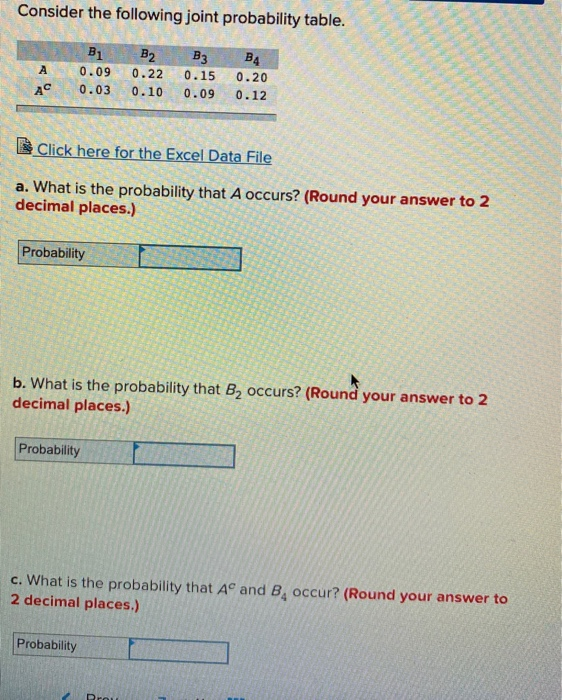 Solved Consider the following joint probability table. Bi | Chegg.com