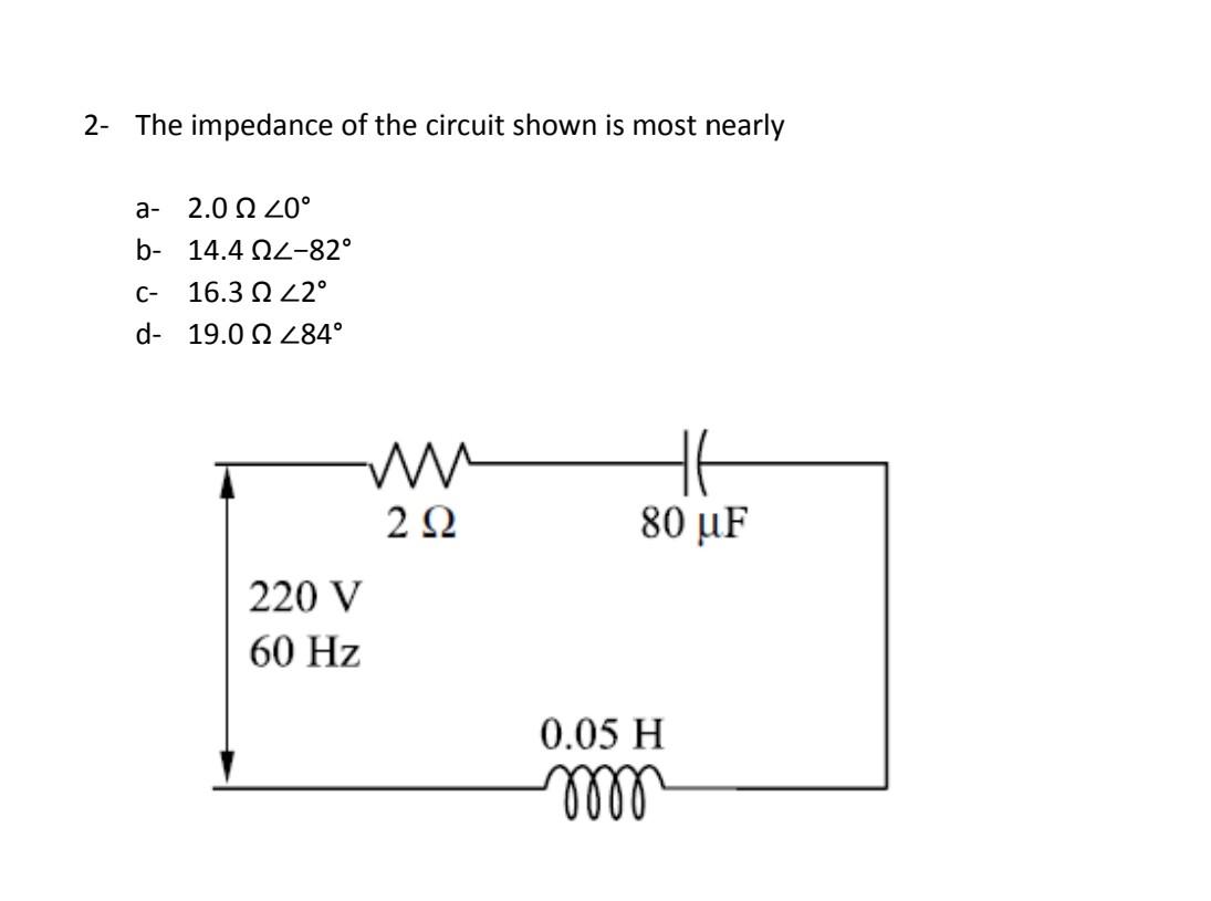 Solved 2- The impedance of the circuit shown is most nearly | Chegg.com