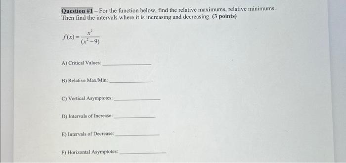 Solved Question #1 - For the function below, find the | Chegg.com