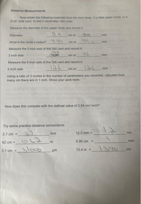Solved Distance Measurements Now obtain the following | Chegg.com