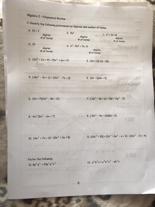 Solved Algebra I - Polynomial Review 1. Classify the | Chegg.com
