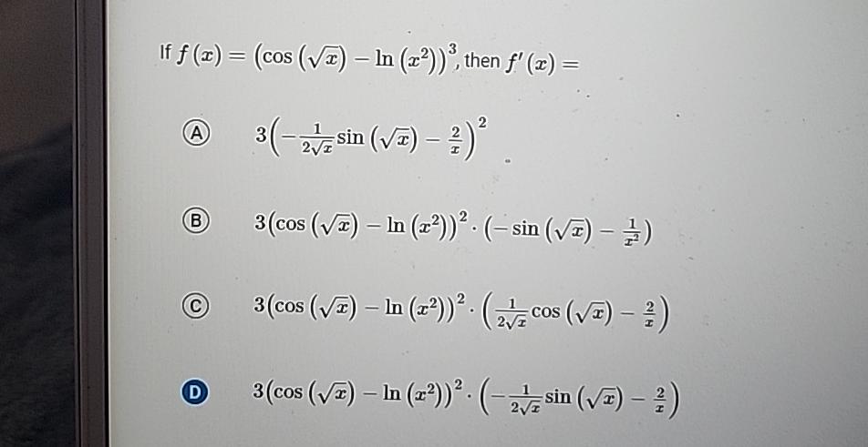 Solved If f(x)=(cos(x2)-ln(x2))3, ﻿then | Chegg.com