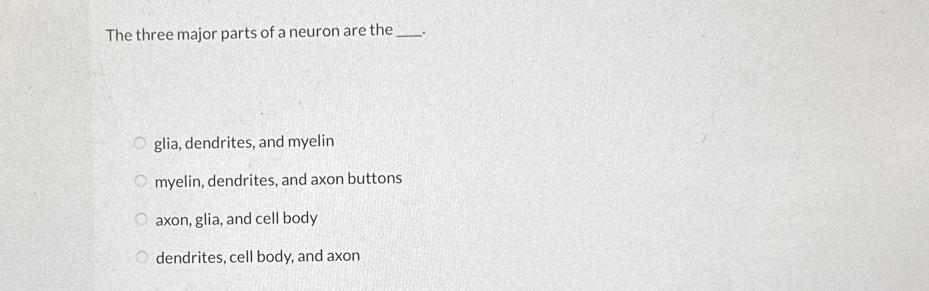 Solved The three major parts of a neuron are theglia, | Chegg.com
