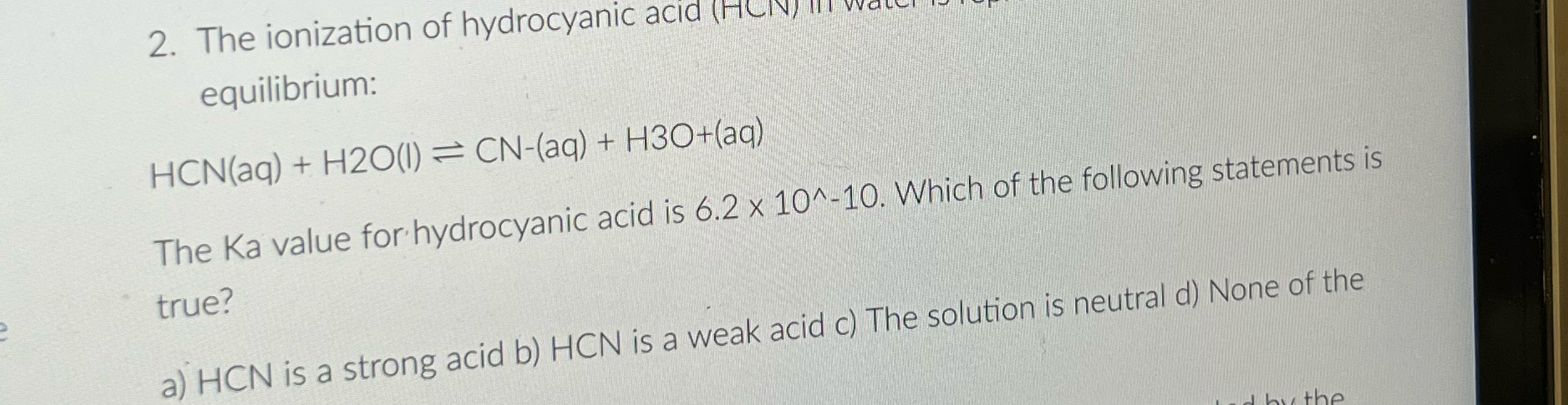 Solved The ionization of hydrocyanic acid ( | Chegg.com