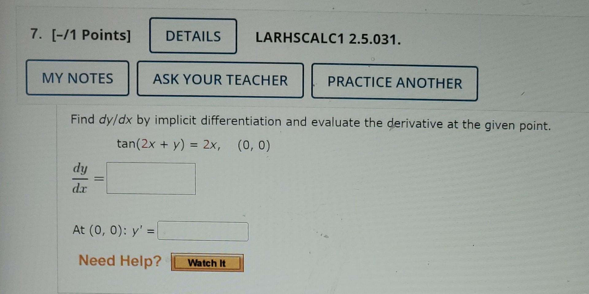 Solved 4. [-/1 Points ] Find dy/dx by implicit | Chegg.com