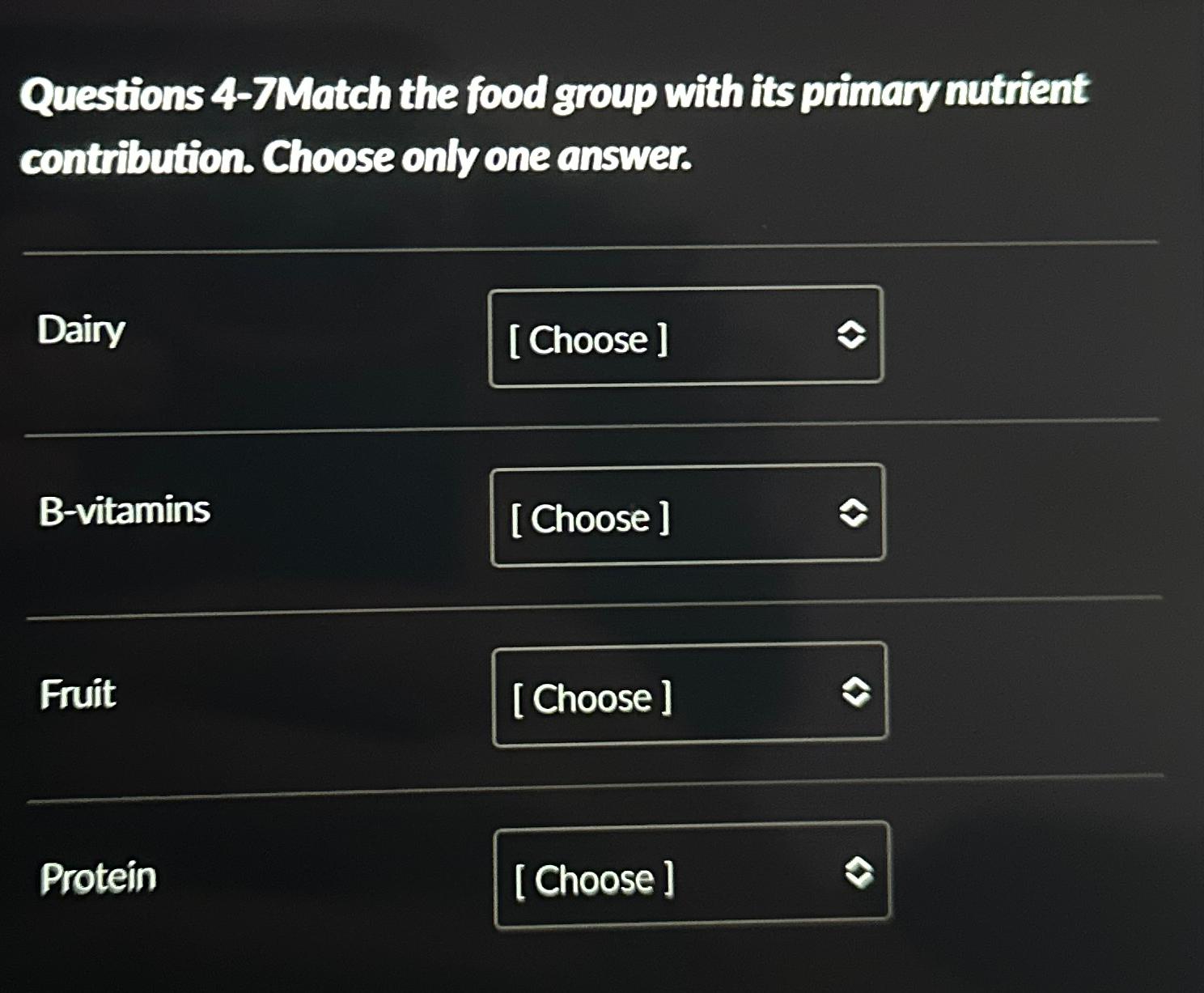 Solved Questions 4-7Match the food group with its primary | Chegg.com