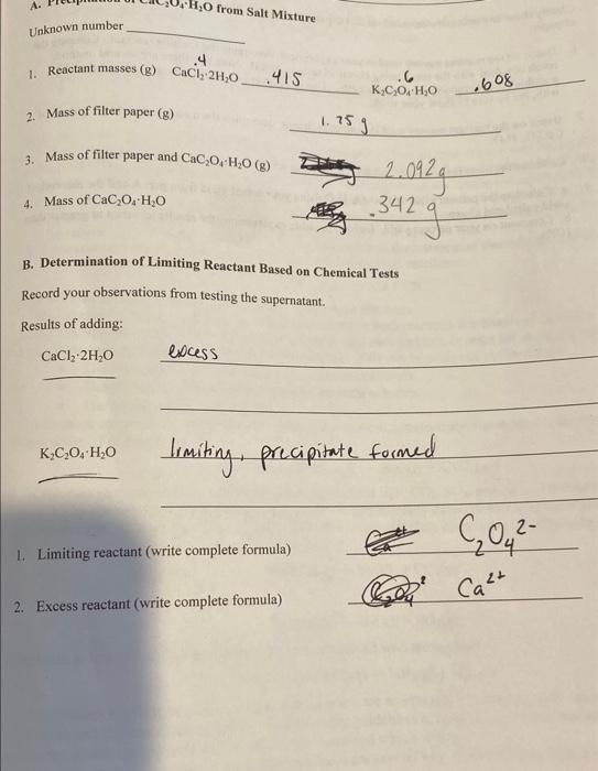 Solved Unknown number 1. Reactant masses (g) CaCl2⋅2H2O.415 | Chegg.com
