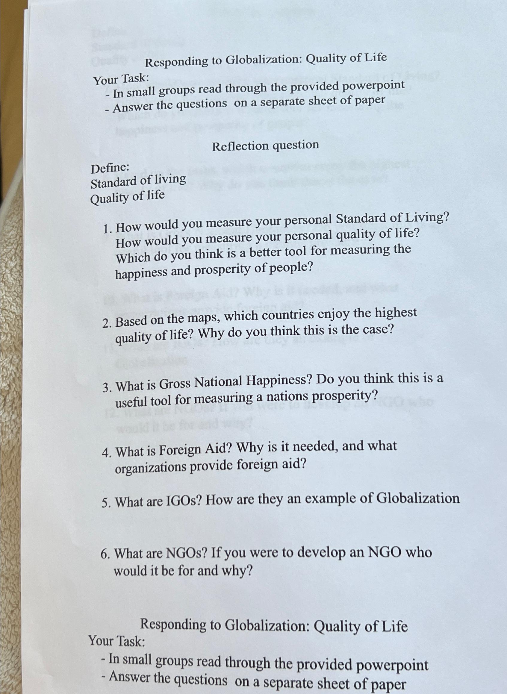 Solved Responding to Globalization: Quality of LifeYour | Chegg.com