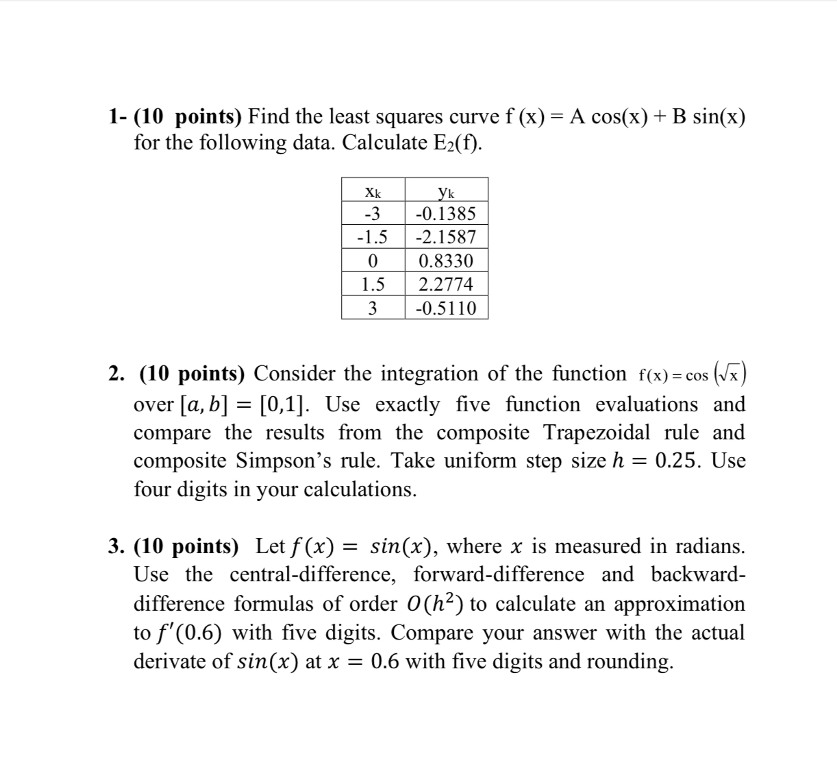 1- (10 ﻿points) ﻿Find the least squares curve | Chegg.com