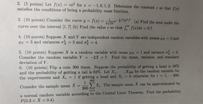 Solved 2. (5 points) Let f(x)=cx2 for x=−1,0,1,2. Determine | Chegg.com