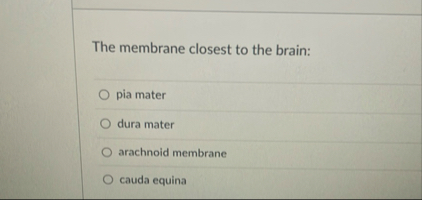 [Solved]: The membrane closest to the brain: pia mater dura