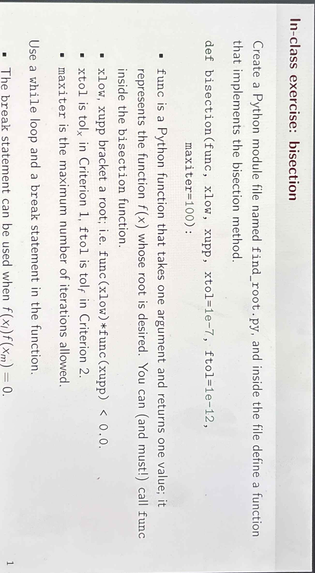 Solved In-class exercise: bisectionCreate a Python module | Chegg.com