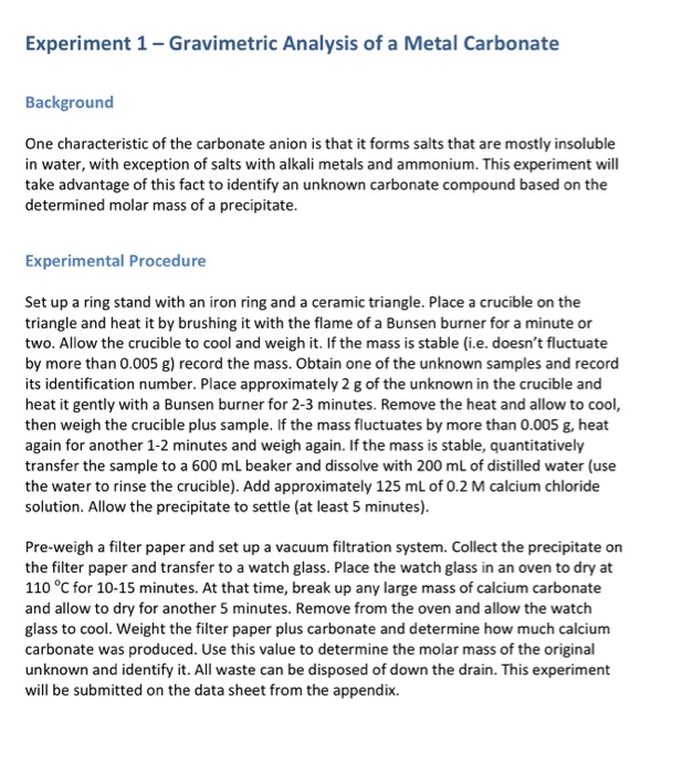 Solved Experiment 1 - Gravimetric Analysis of a Metal | Chegg.com