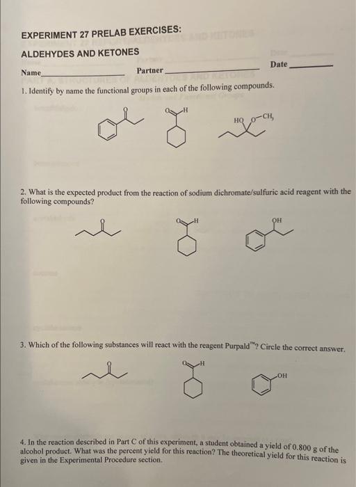 Solved EXPERIMENT 27 PRELAB EXERCISES: ALDEHYDES AND KETONES | Chegg.com