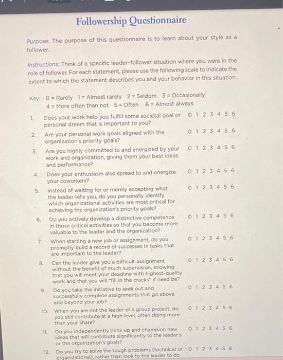 Followership Questionnaire Purpose: The purpose of | Chegg.com