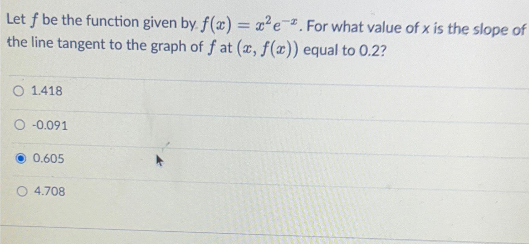 Let f ﻿be the function given by f(x)=x2e-x. ﻿For what | Chegg.com
