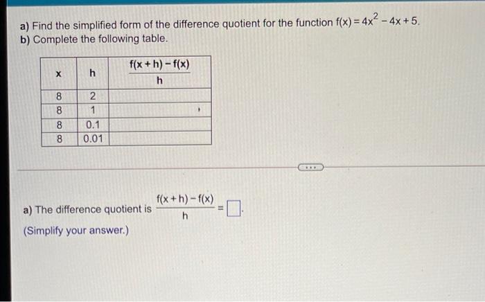 Solved A Find A Simplified Form Of The Difference Quotient