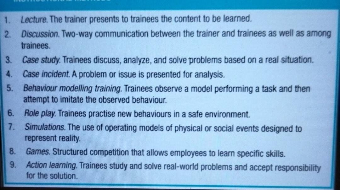 Solved 1. Lecture. The trainer presents to trainees the | Chegg.com