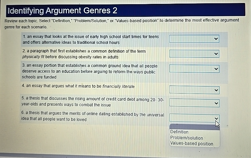 Solved Identifying Argument Genres 2Review each topic. | Chegg.com