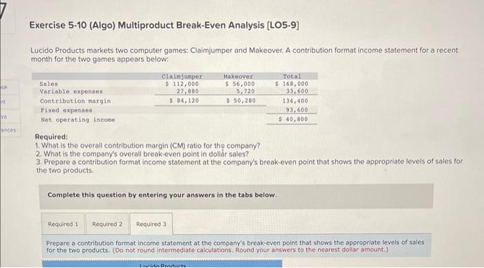 Solved Exercise 5-10 (Algo) Multiproduct Break-Even Analysis | Chegg.com