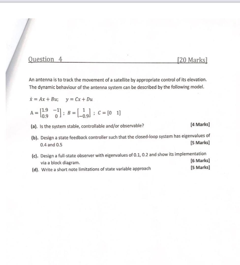 Solved by an EXPERT Question 4[20 ﻿Marks]An antenna is to track the | Chegg.com