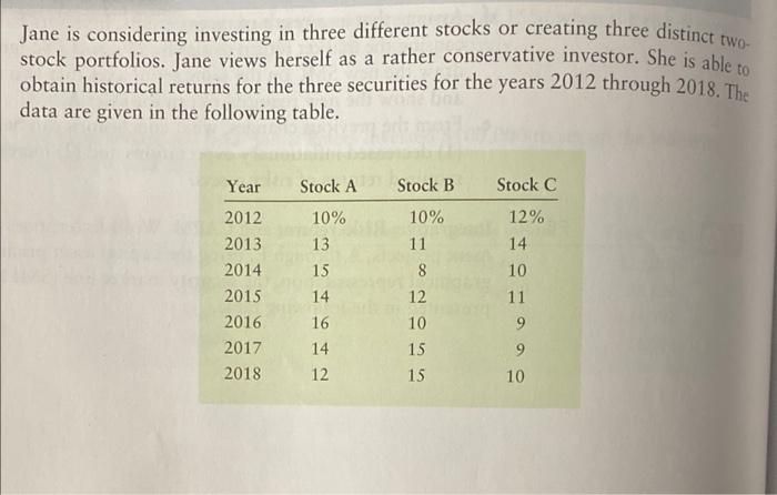 Solved Jane is considering investing in three different | Chegg.com