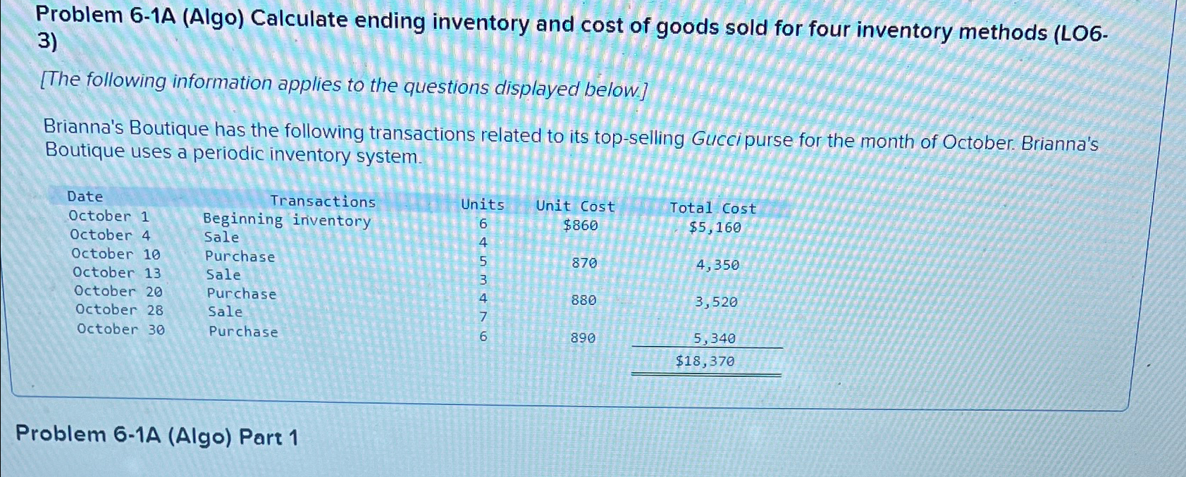 Solved Problem 6-1A (Algo) ﻿Calculate ending inventory and | Chegg.com
