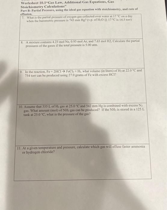 Solved Worksheet 10.1"Gas Law, Additional Gas Equations, Gas | Chegg.com