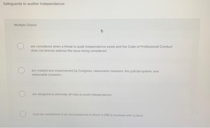 Solved Safeguards to auditor independence: Multiple Choice | Chegg.com