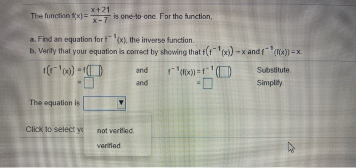 Solved The function f(x) = X+21 X-7 is one-to-one. For the | Chegg.com