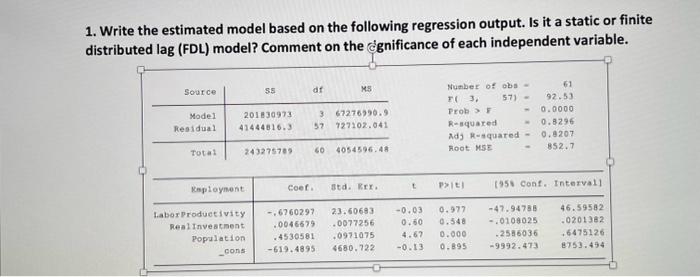 Solved 1. Write the estimated model based on the following | Chegg.com