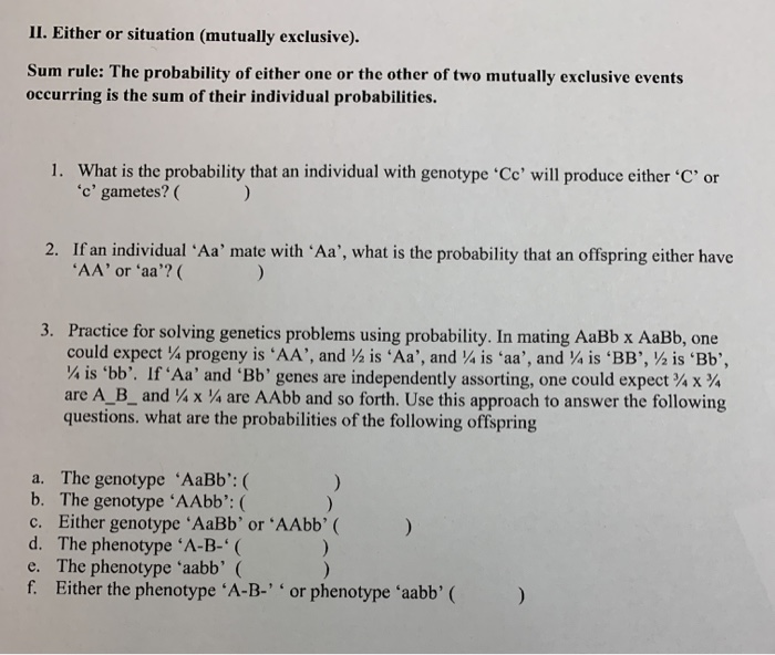Solved II. Either or situation (mutually exclusive). Sum | Chegg.com