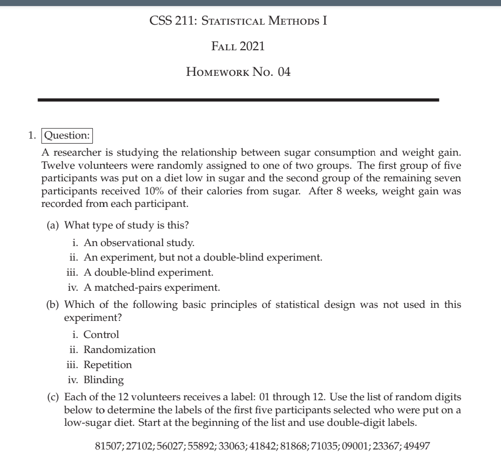 Solved CSS 211: STATISTICAL METHODS I Fall 2021 HOMEWORK No. | Chegg.com
