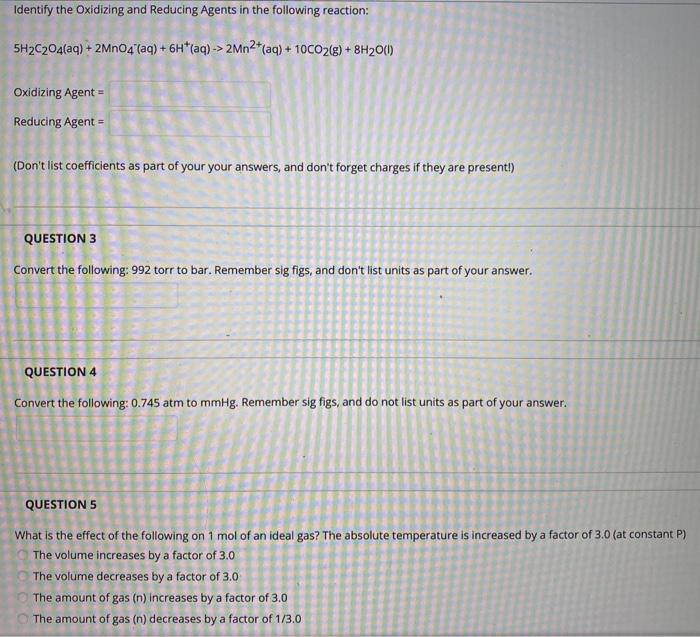 Solved Identify the Oxidizing and Reducing Agents in the | Chegg.com