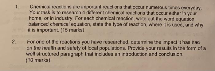 Solved 1. Chemical reactions are important reactions that | Chegg.com