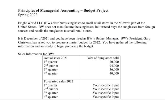 Solved Principles of Managerial Accounting - Budget Project | Chegg.com
