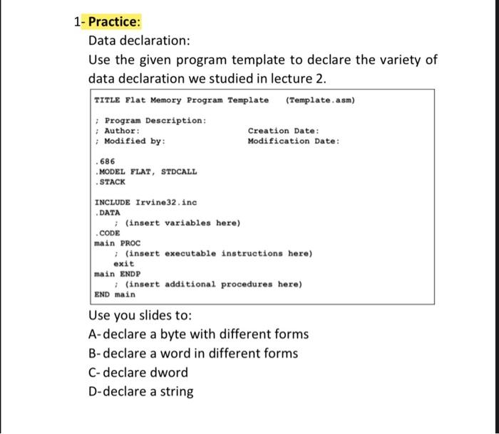 Solved Practice Data Declaration Use The Given Program