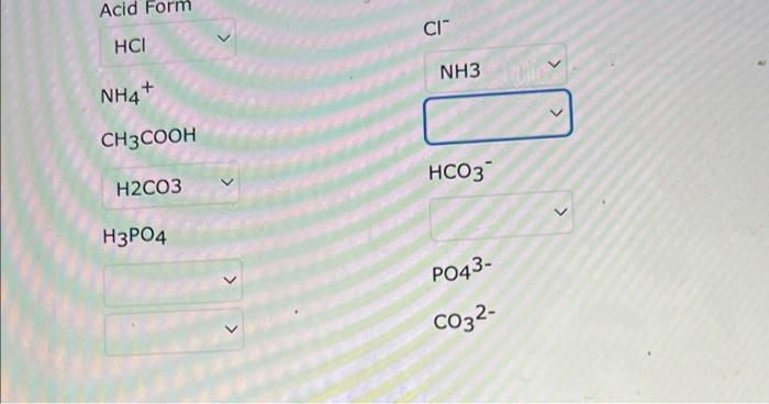 Solved Acid Fo CI- HCI NH3 NH4+ CH3COOH HCO3 H2CO3 > Н3РО4 | Chegg.com