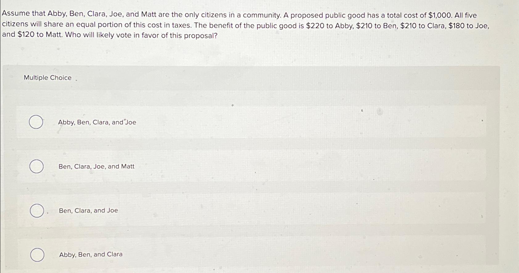 Solved Assume that Abby, Ben, Clara, Joe, and Matt are the | Chegg.com