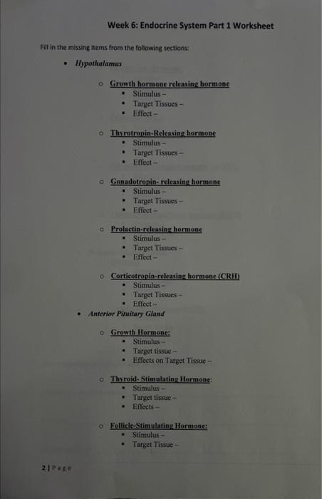 Solved Week 6: Endocrine System Part 1 Worksheet ising items | Chegg.com