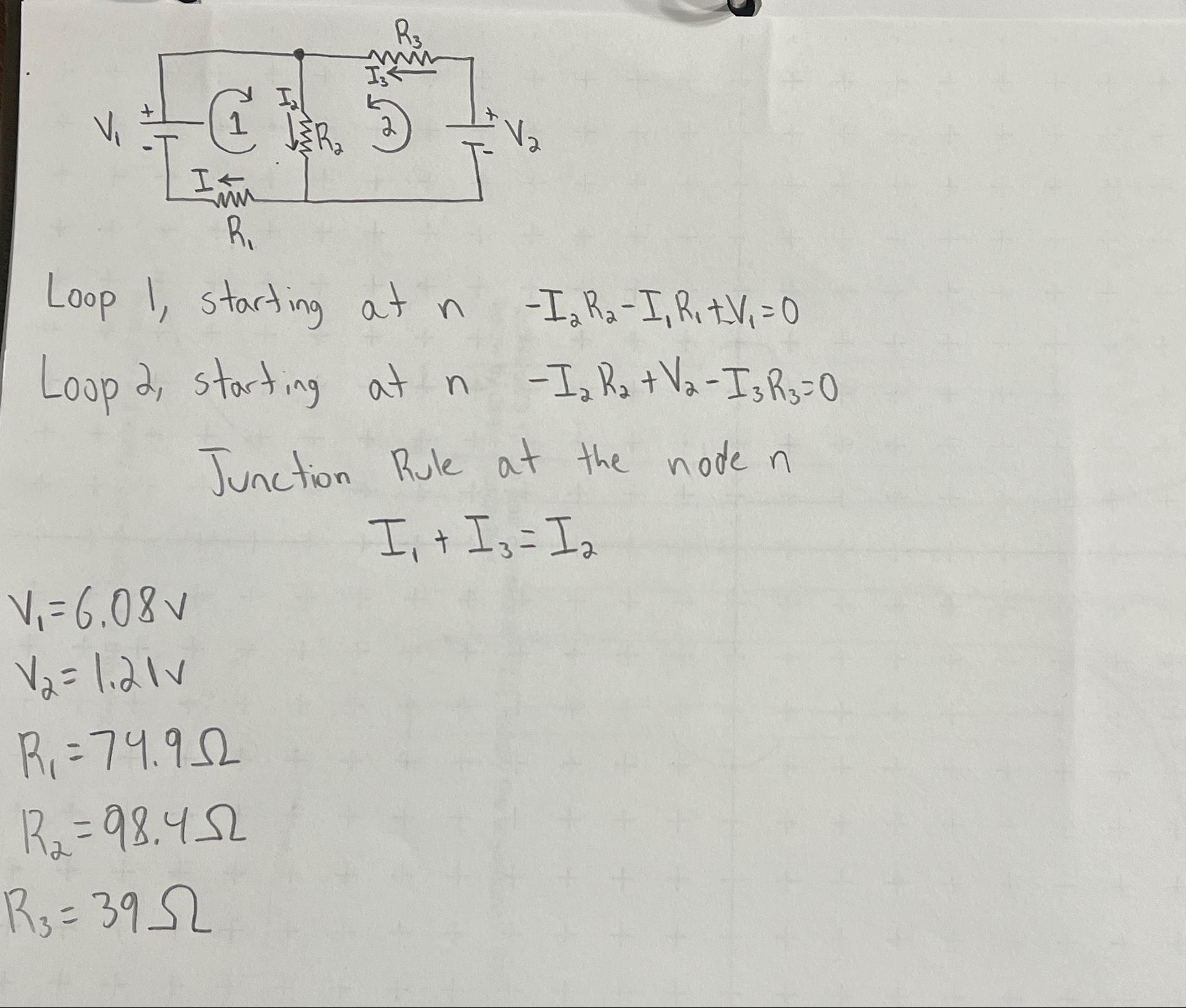 Solved Loop 1, ﻿starting at n,-I2R2-I1R1+V1=0Loop 2, | Chegg.com