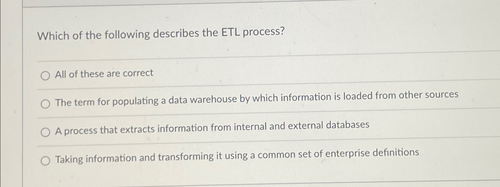 Solved Which of the following describes the ETL process?All | Chegg.com